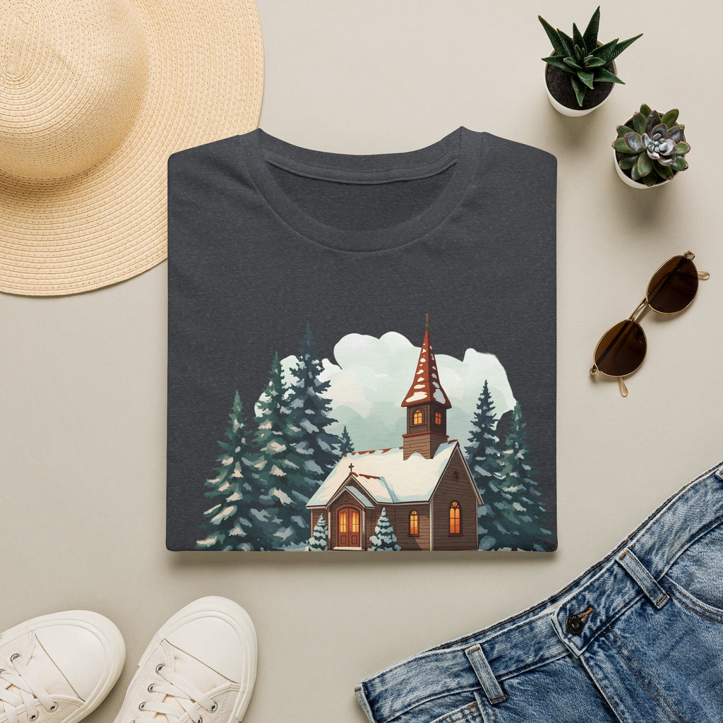 T-Shirt — Cozy Winter Chapel Graphic Tee (Snowy Pine Church) – Grace ...